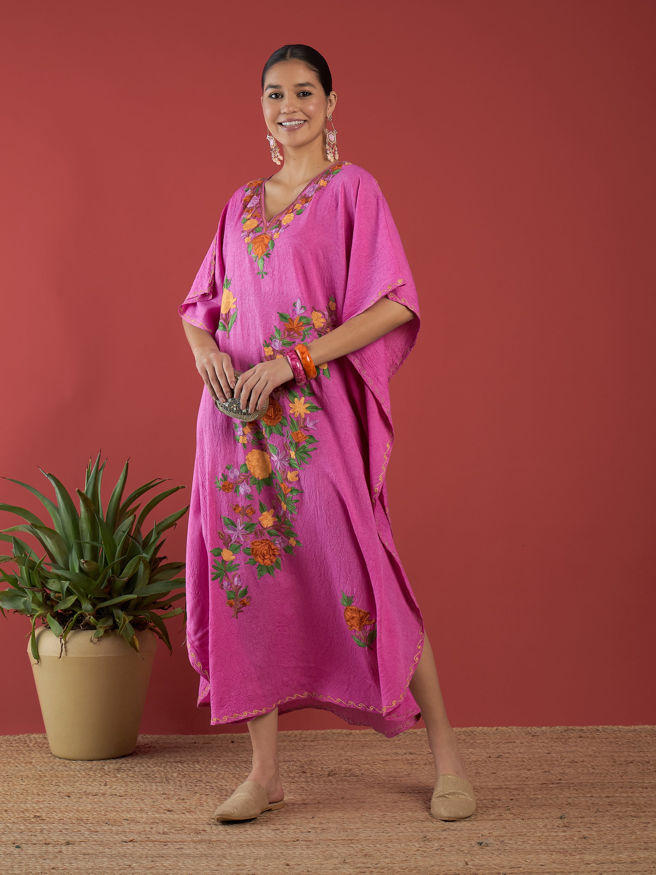 Bubblegum Pink Long Kaftan - kashmiri kurta for women – Shopnamastay