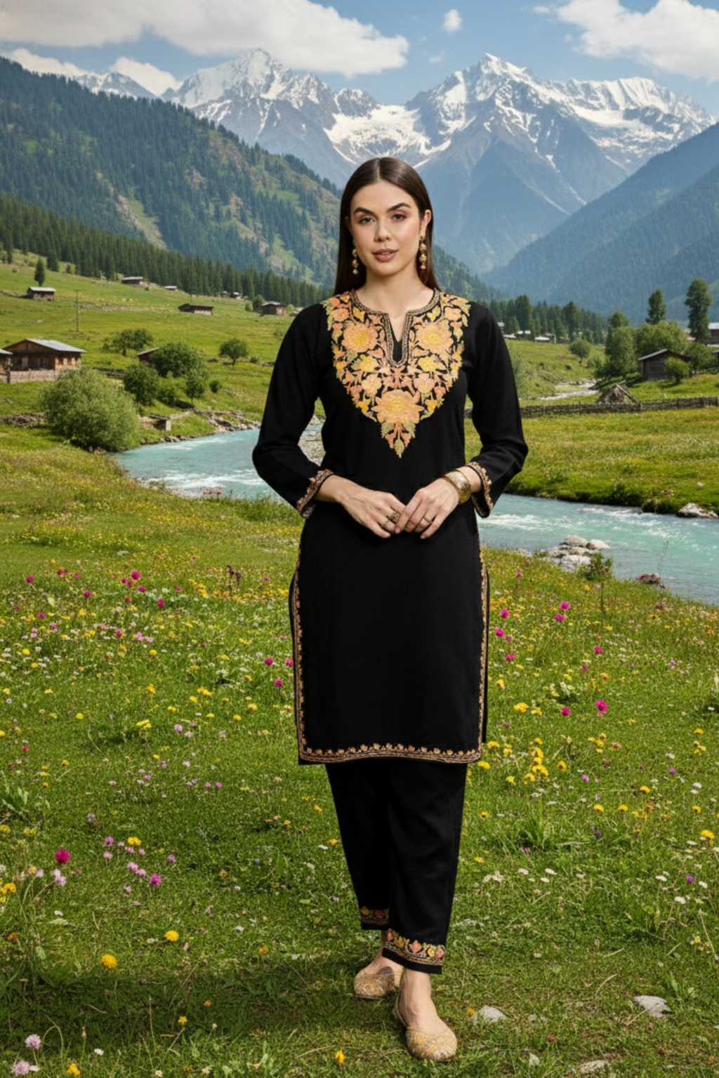 Aatika Black Kashmiri Woollen Kurta Set For Women | Winter Wear