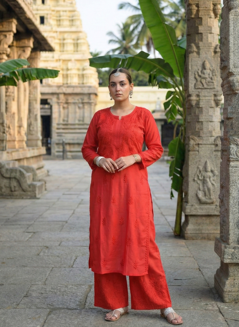 Noora Surkh Red Chanderi Chikankari Kurta